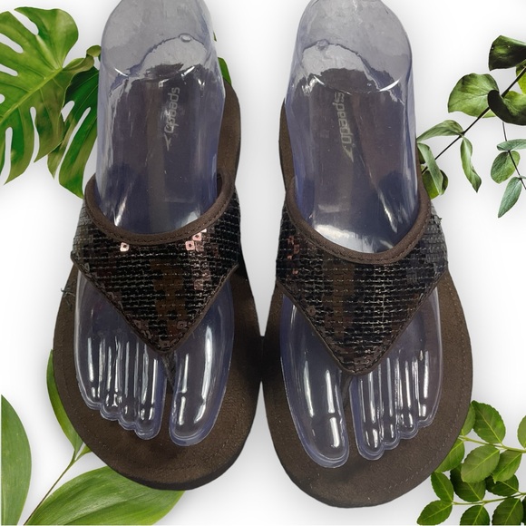 Speedo | Shoes | Speedo Womens Brown Wedge Sequin Flip Flops Size 7 ...